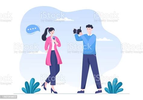플랫 스타일 만화 일러스트레이션의 장비 뉴스 마이크 기자 및 인터뷰 스피치 미디어 이벤트가있는 저널리즘 또는 소셜 방송 Bullet Journal에 대한 스톡 벡터 아트 및