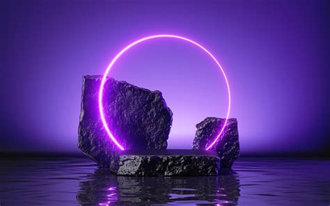 검은 바위 조약돌 연단과 네온 빛나는 둥근 프레임 물에 반사액체 바닥 제품 프리젠 테이션을위한 미래 지향적 인 쇼케이스와 3d 렌더링 추상적 인 자외선 배경 받침대에 대한