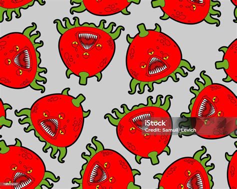 토마토 몬스터 패턴 이음새가 있습니다 Gmo 돌연변이 배경 치아 장식화가 야채 배고픈 외계인 음식 벡터 텍스처 건강한 식생활에 대한 스톡 벡터 아트 및 기타 이미지 Istock