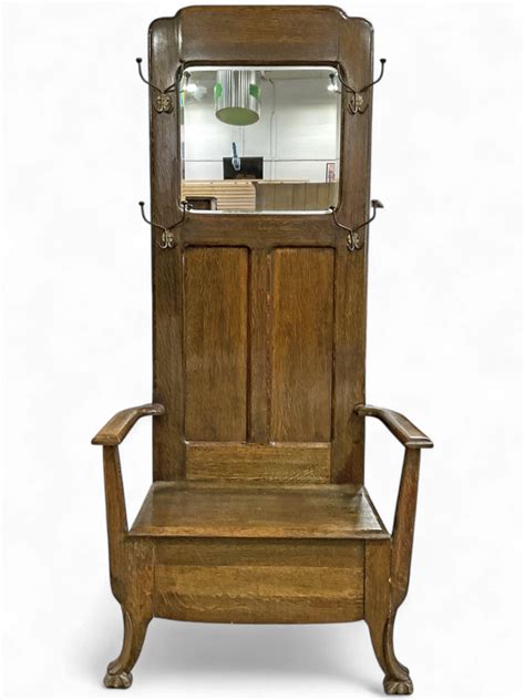 Lot Antique Victorian Tiger Oak Hall Tree W Mirror