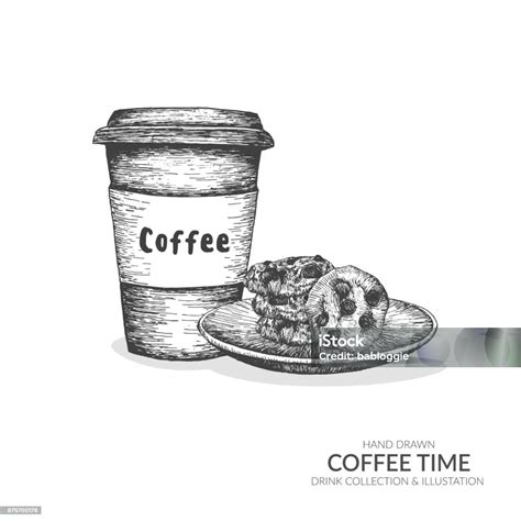 커피 컵과 쿠키 빼앗 아침 시간에 커피 휴식입니다 빈티지 손으로 그린 흑백 잔 컬렉션입니다 벡터 요소를 격리합니다 0명에 대한 스톡 벡터 아트 및 기타 이미지 Istock