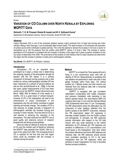 Pdf Variation Of Co Column Over North Kerala By Exlploring Mopitt Data