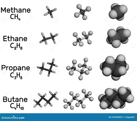 Methane Ethane Propane Butane Alkane Molecule Various 3d Molecular Models On A White