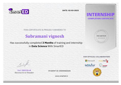 Datascience Internshipcompletion Smarted Careergrowth Lifelonglearner Subramani Vignesh