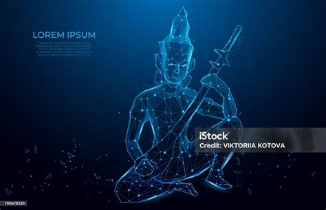 악기를 연주하는 조각상 수도사 파란색 배경에 스트링 악기와 수도사와 추상 패턴입니다 다각형 벡터 와이어 프레임 개념 고대의에 대한 스톡 벡터 아트 및 기타 이미지 Istock