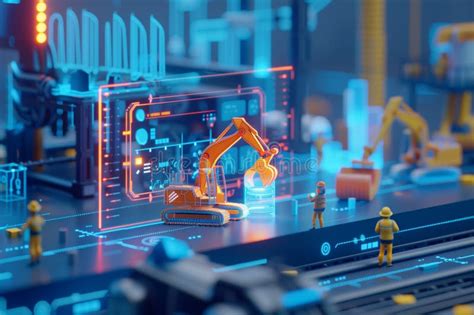 Futuristic Yellow Backhoe Working On Digital Bustling Urban Development And Smart City With