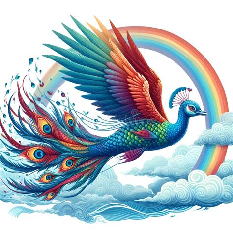 Majestic Peacock King With A Rainbow In The Sky Stock Illustration