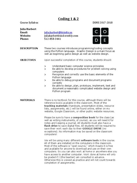 coding 1 and 2 syllabus pdf computer programming web design
