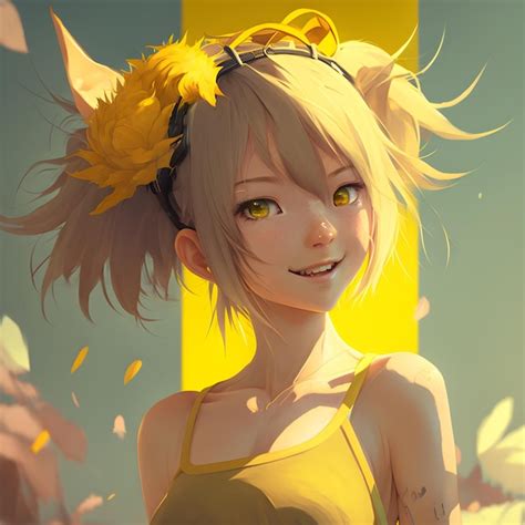 A Girl With Yellow Hair And A Yellow Sunflower On Her Head Premium Ai