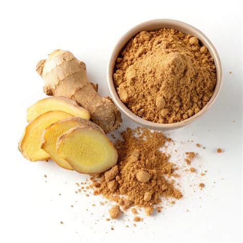 Ginger Powder With Ginger Slice Isolated On White Background Stock