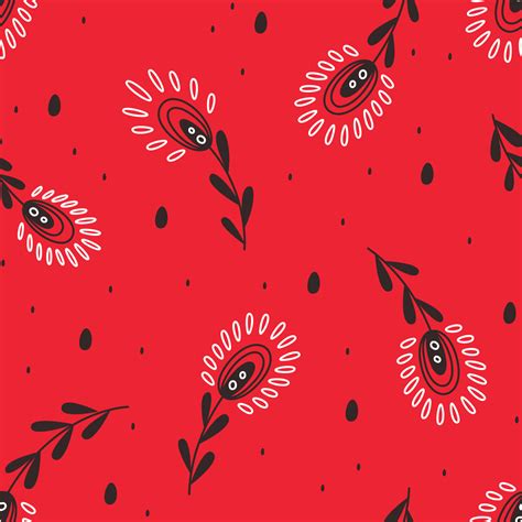 Seamless Pattern With Stylized Floral Motifs On A Red Background