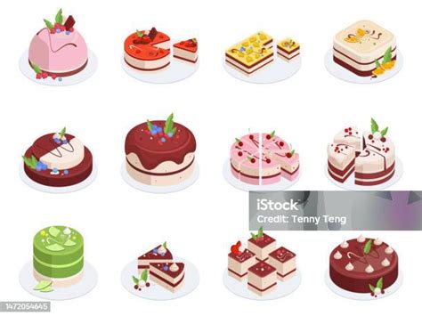 아이소메트릭 생일 케이크 초콜릿 또는 바닐라 프로스팅과 과일 생일 파티 구운 케이크 3d 벡터 일러스트 레이 션 세트와 축제 케이크 달콤한 과자 케이크 3차원 형태에 대한