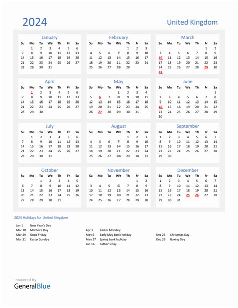 2024 Printable Calendar With United Kingdom Holidays