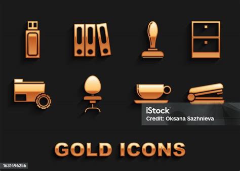 사무실 의자 보관 용지 서랍 스테이플러 커피 컵 플랫 기어 스탬프 Usb 플래시 드라이브 및 폴더 및 문서 아이콘이있는 폴더 설정을 설정합니다 벡터 Usb 케이블에 대한