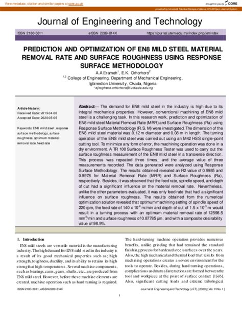 Pdf Prediction And Optimization Of En8 Mild Steel Material Removal
