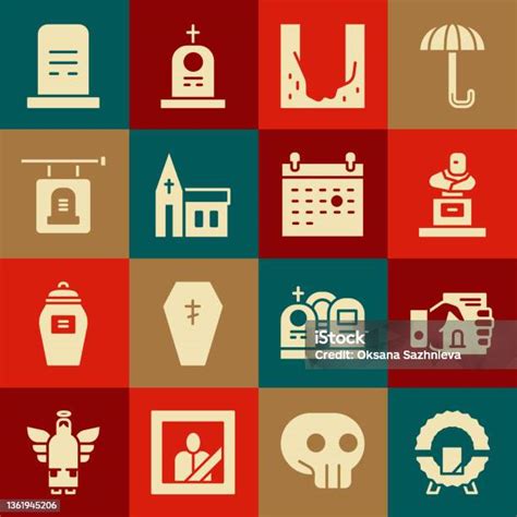 기념 화환 손에 죽음의 증명서 묘비무덤 묘지는 무덤 구멍을 파고 교회 건물 간판 달력 죽음의 아이콘을 설정합니다 벡터 가루로 빻은에 대한 스톡 벡터 아트 및 기타 이미지