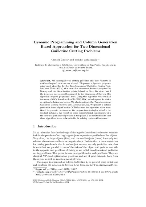 Pdf Dynamic Programming And Column Generation Based Approaches For Two Dimensional Guillotine