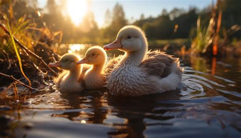 Free Photo Cute Duckling Quacking In The Pond Surrounded By Nature Generated By Artificial
