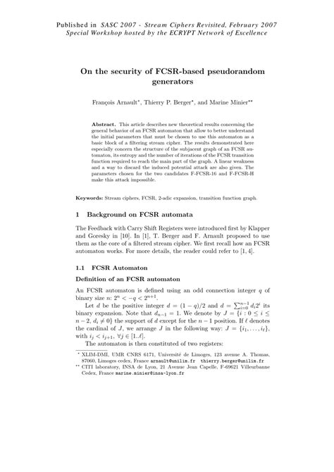 pdf some results on fcsr automata with applications to the security of fcsr based pseudorandom