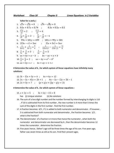 Class 10 Linear Equations Worksheet Pdf Mathematical Analysis