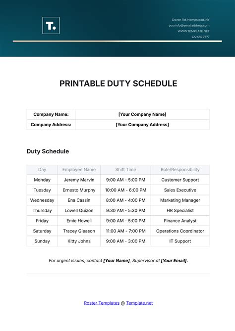 Free Security Duty Roster Template To Edit Online