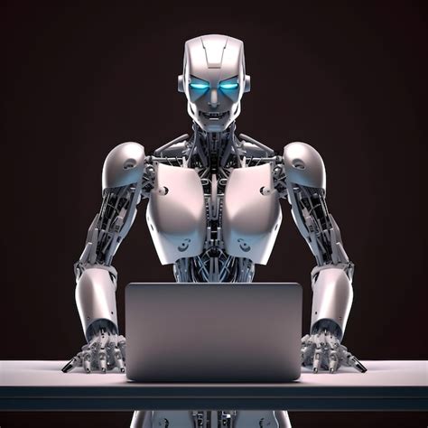Futuristic Robot Using Computer Laptop Ai Generated Premium Ai