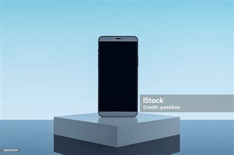 받침대에 빈 휴대폰과 모형 장소가 있는 파란색 배경 제품 배치 기술 프레젠테이션 개념 3d 렌더링 0명에 대한 스톡 사진 및 기타 이미지 Istock