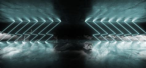 연기 미래 네온 조명 레이저 블루 빛나는 현대 복고풍 공상 과학 소설 우아한 우주선 클럽 밤 어두운 차고 지하 그런지 콘크리트 반사 추상 빔 3d 렌더링 0명에 대한 스톡