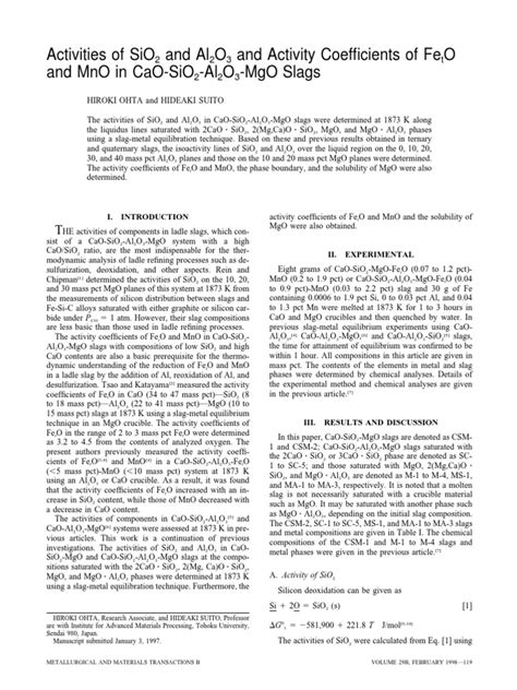 Activities Of Sio2 And Al2o3 And Activity Coefficients Of Feto And Mno In Cao Sio2 Al2o3 Mgo