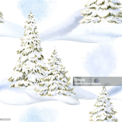 눈 수채화 완벽 한 패턴에 흰색 크리스마스 나무 전나무와 가문비나무는 새해 복 많이 받으세요 카드와 귀여운 인사말 디자인을 배경으로 눈 더미 언덕에서 자랍니다 심플한 파스텔