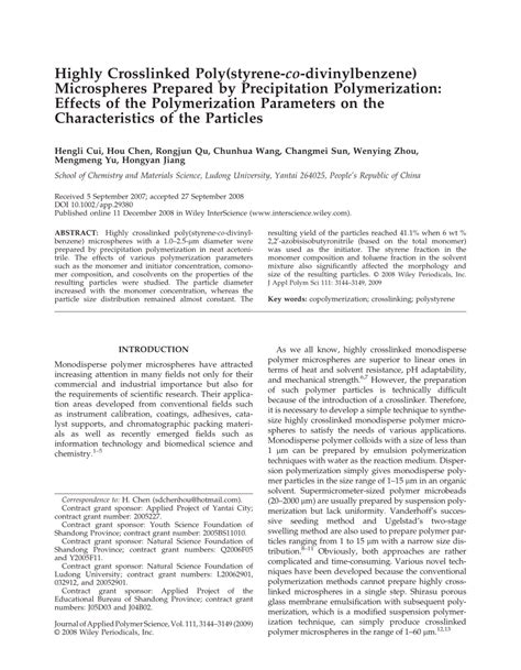 Pdf Highly Crosslinked Poly Styrene Co Divinylbenzene Microspheres Prepared By