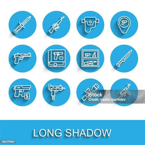 세트 라인 구매 총 권총 Uzi 기관단 군사 칼 스나이퍼 광학 광경 토미 책 또는 사냥 가게 무기 아이콘 벡터 경찰관에 대한 스톡 벡터 아트 및 기타 이미지 Istock