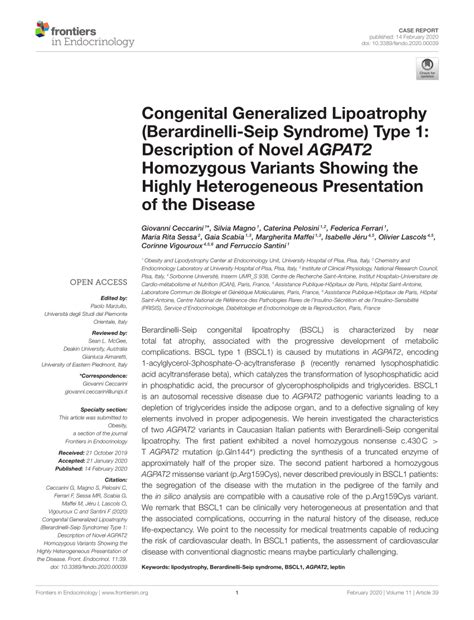 Pdf Congenital Generalized Lipoatrophy Berardinelli Seip Syndrome Type 1 Description Of