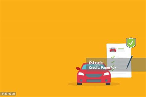 자동차 보험 문서 보고서 자동차 아이콘 차량 금융 자동차 대리점 법률 거래로 승인 된 종이 계약 체크리스트 또는 대출 체크 마크 양식 목록 가입서에 대한 스톡 벡터 아트 및