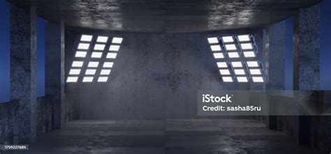 스포트라이트가 비추는 콘크리트 배경 격납고 콘크리트 Led 조명 스포트라이트 차고 미래 지향적인 배경입니다 미래 지향적인 복도 전시실 3d 렌더링 Car Show에 대한