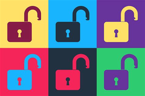 컬러 배경에 격리 된 팝 아트 오픈 자물쇠 아이콘 잠금 표지판을 열었습니다 사이버 보안 개념 디지털 데이터 보호 안전 성 벡터 예술에 대한 스톡 벡터 아트 및 기타 이미지