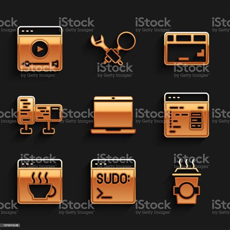 Set Laptop Code Terminal Coffee Cup Go Software Computer Monitor Screen Keyboard And Online Play