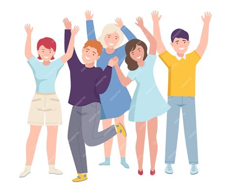 Premium Vector Group Of Joyful People Characters Up With Hands