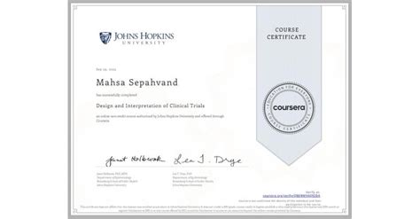 Mahsa Sepahvand On Linkedin Completion Certificate For Design And Interpretation Of Clinical Trials