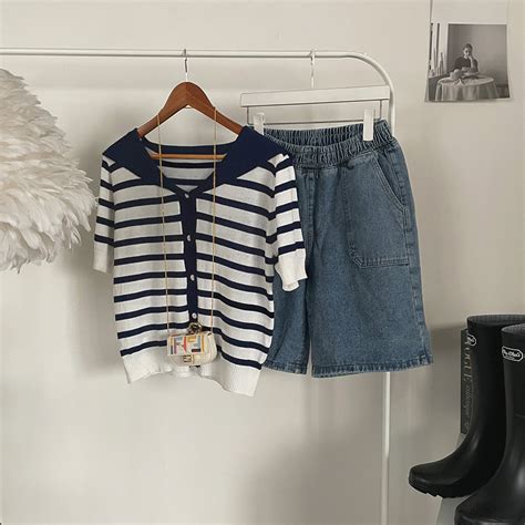 마린 케이프 단가라 반팔 니트 가디건 배색 세일러 여름니트 에이블리