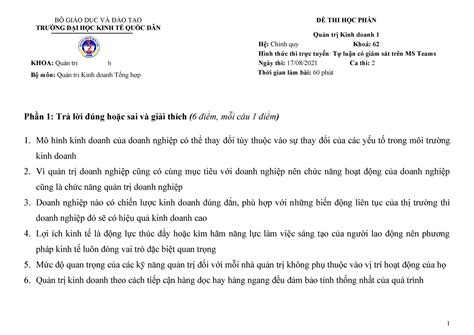 Đề thi Đề thi quản trị kinh doanh năm BỘ GIÁO DỤC VÀ ĐÀO TẠO TRƯỜNG ĐẠI HỌC