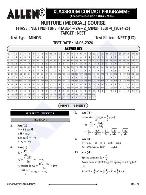 Neet Nuture Phase 12a2 Minor Test 4 14082024 Keyand Solutions Pdf