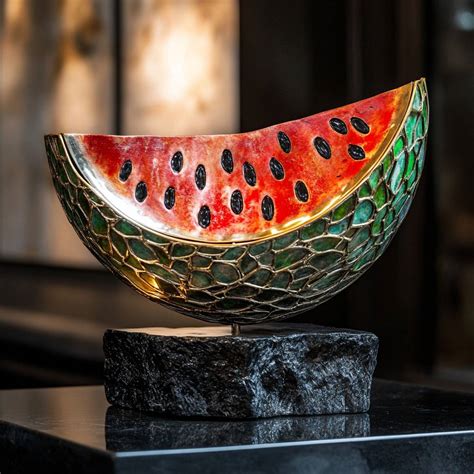 3d 조각으로 표현된 수박 조각입니다 서로 얽힌 황동과 은사로 만들어졌으며 조각된 흑요석 받침 위에 놓여 있습니다