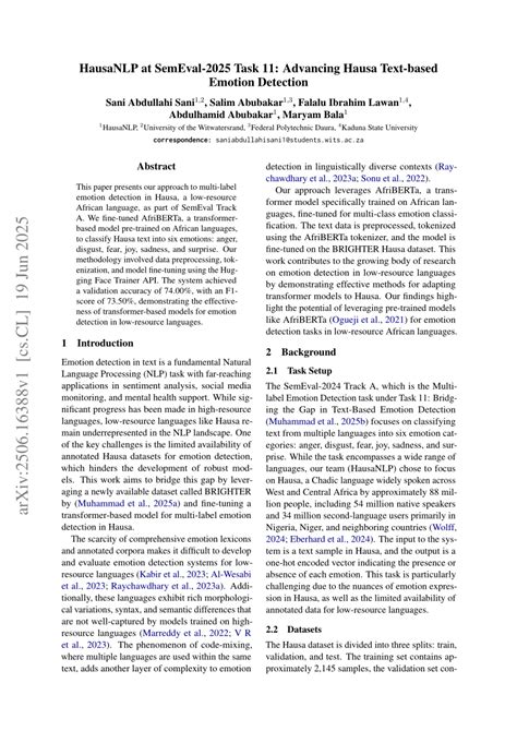 Pdf Hausanlp At Semeval 2025 Task 11 Advancing Hausa Text Based Emotion Detection