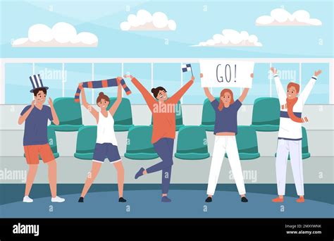 Group Of Happy Sport Fans With Various Attributes Supporting Team On