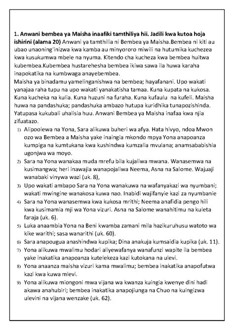 Maswali Majibu YA Bembea 1 Anwani Bembea Ya Maisha Inaafiki Tamthiliya Hii Jadili Kwa