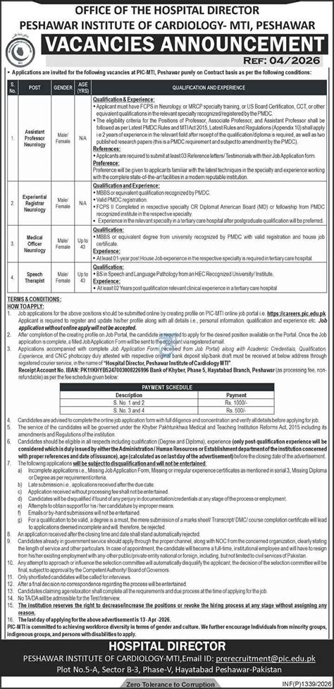 Peshawar Institute Of Cardiology Pic Mti Peshawar Jobs 2026 Apply Online