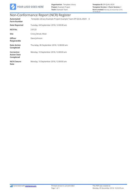 Non Conformance Report Log Template Excel Wssufoundation