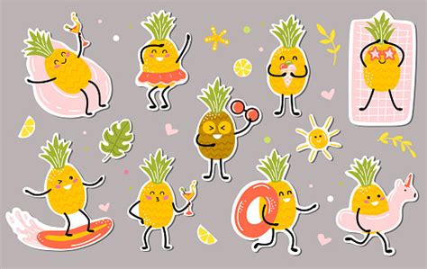 가와이 파인애플 스티커 귀여운 과일은 휴가를 즐길 수 있습니다 바다에서 휴가 만화 스타일의 벡터 일러스트레이션 가공의 인물에 대한 스톡 벡터 아트 및 기타 이미지 Istock