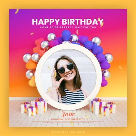 프레임 모형이 있는 인스타그램 소셜 미디어 포스트 템플릿을 위한 생일 초대 카드 프리미엄 Psd 파일
